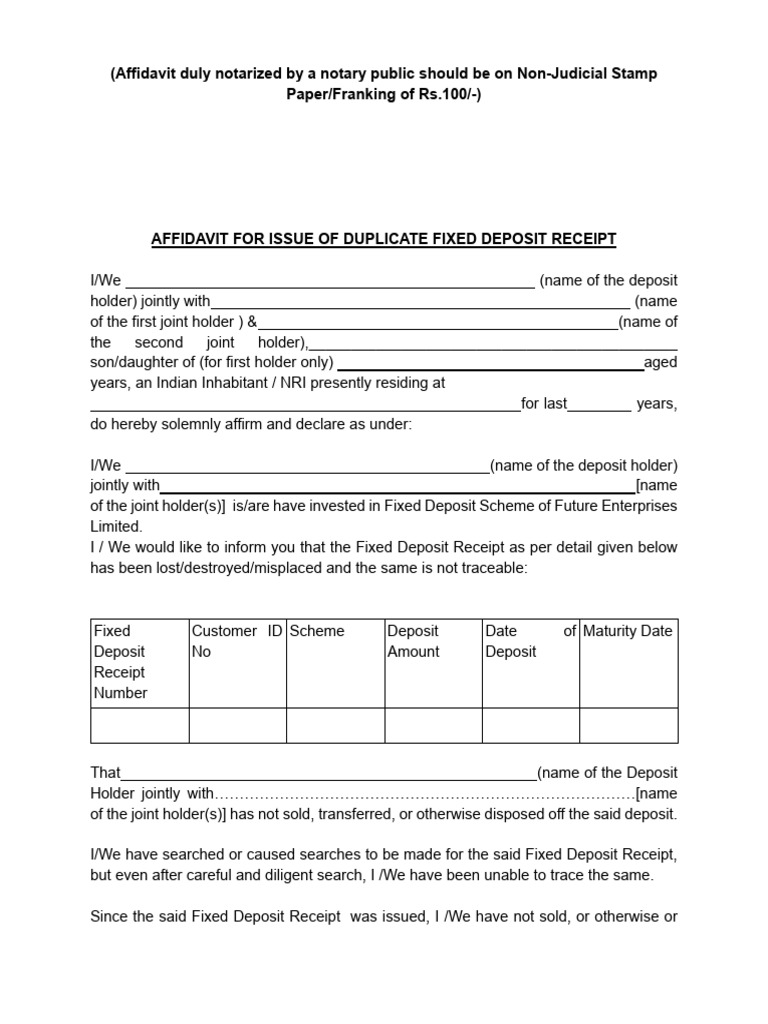 Affidavit For Issue of Duplicate Fixed Deposit Receipt | PDF | Affidavit | Notary Public