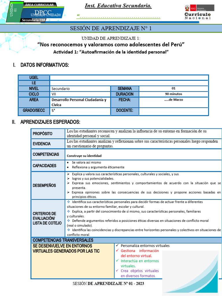 5º DPCC SES 1 UNI 1 SEM 01 - 2023... | Descargar gratis PDF | Aprendizaje | Maestros