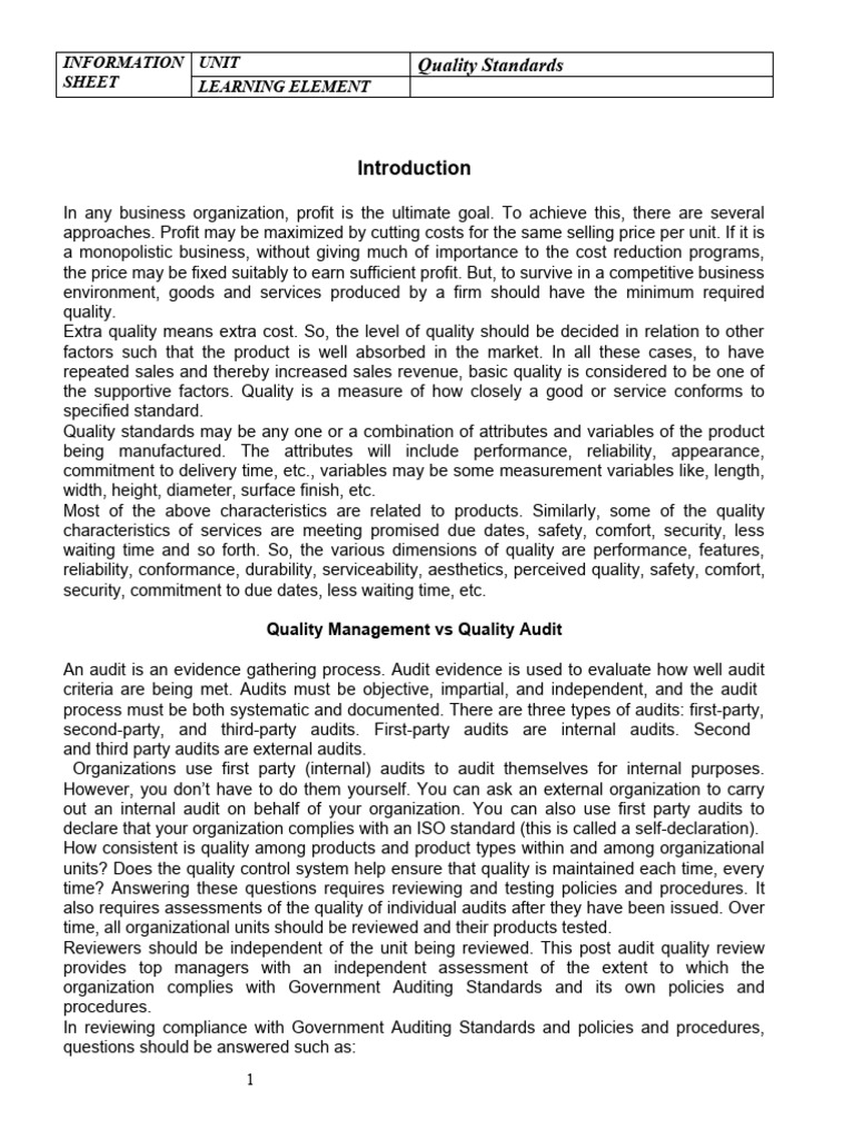 Information Sheet | PDF | Quality Management System | Audit