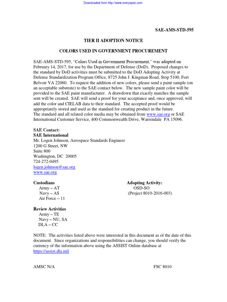 SAE AMS STD 595 Color Adoption Notice | PDF