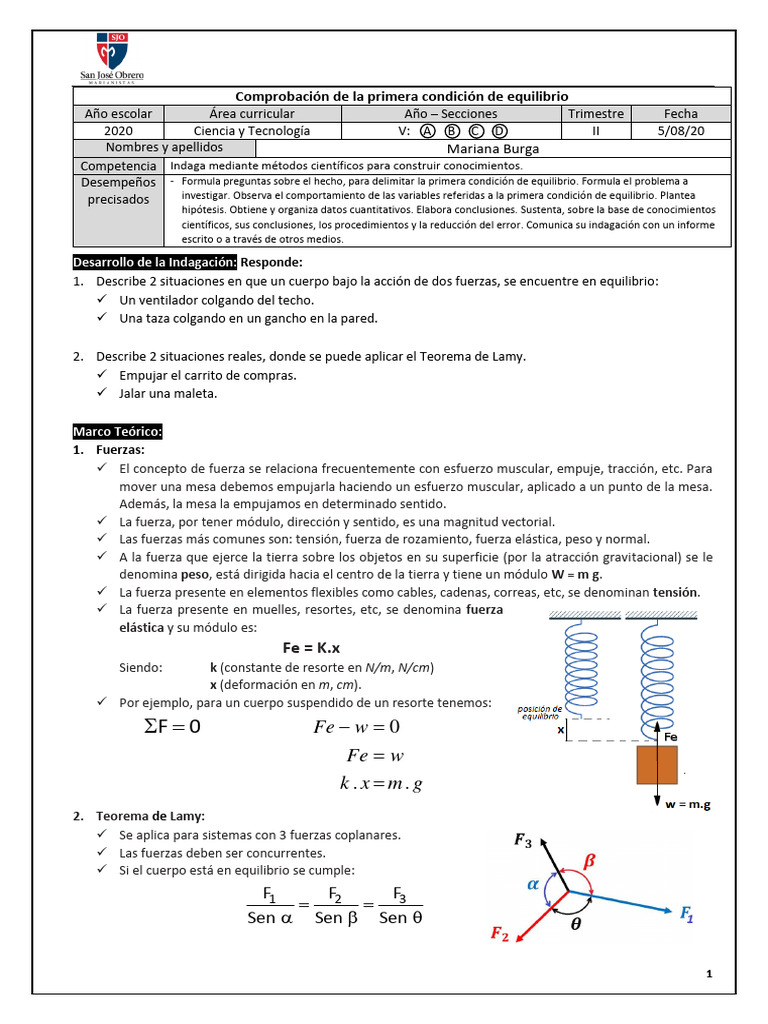 PRACT LAB_1ra condición equilibrio | PDF | Fuerza | Estrés (Mecánica)