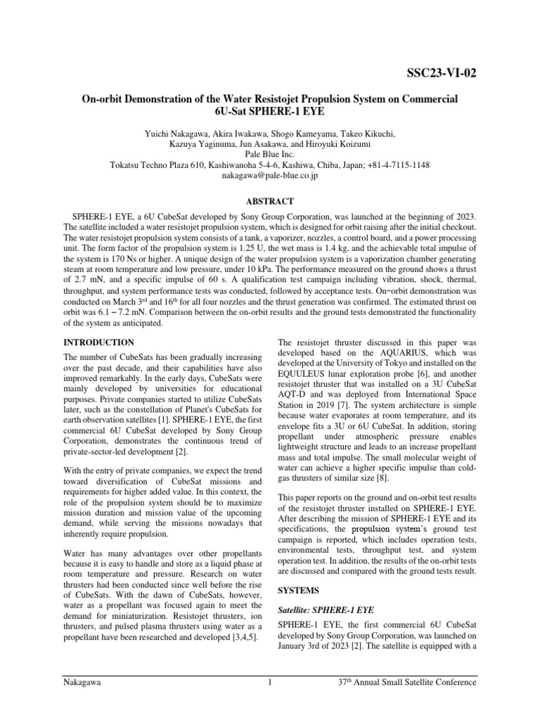 On-Orbit Demonstration of The Water Resistojet Propulsion System | PDF ...