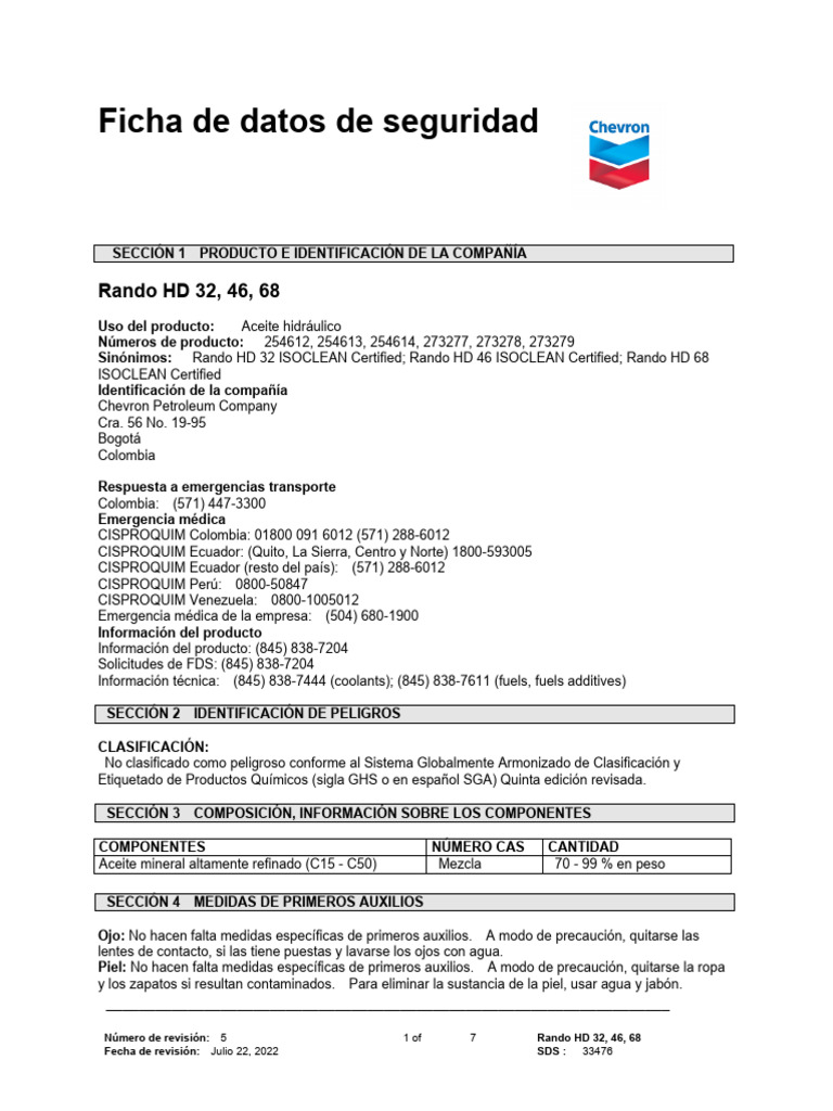 Fds Aceite Hidraulico Rando HD 68 Chevron | PDF | Combustión | Carbón