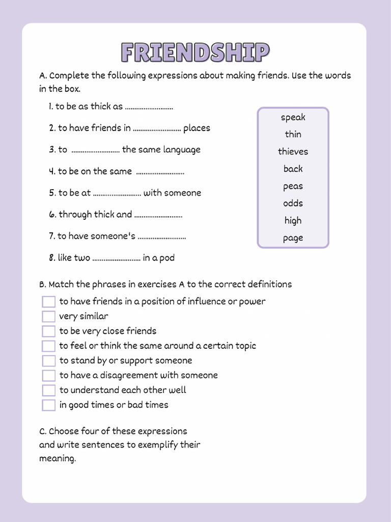 Purple simple friendship idioms worksheet | PDF
