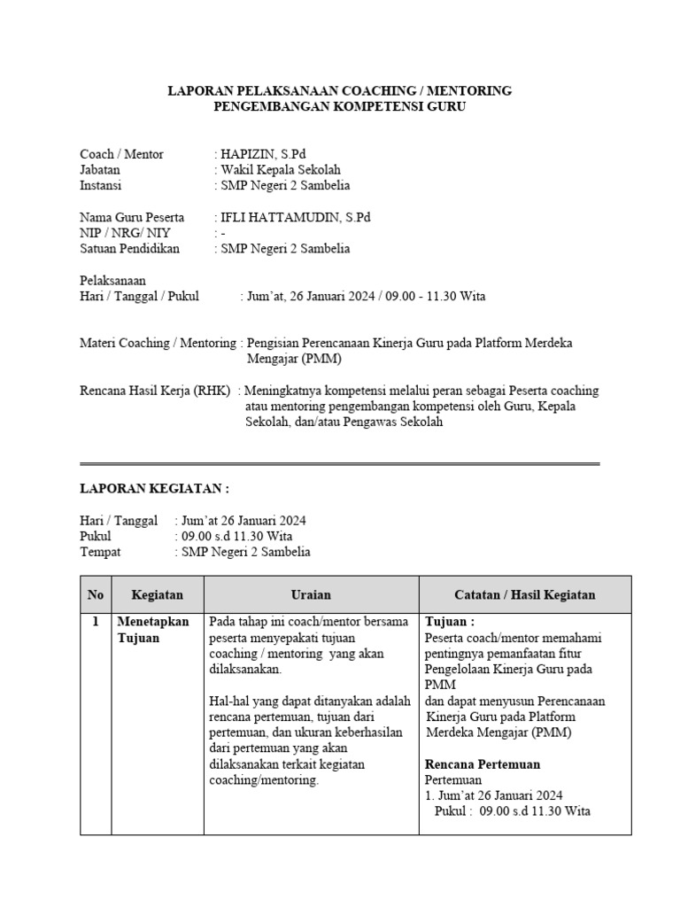 Laporan Coaching Atau Mentoring - IFLI | PDF | Karier & Perkembangan ...