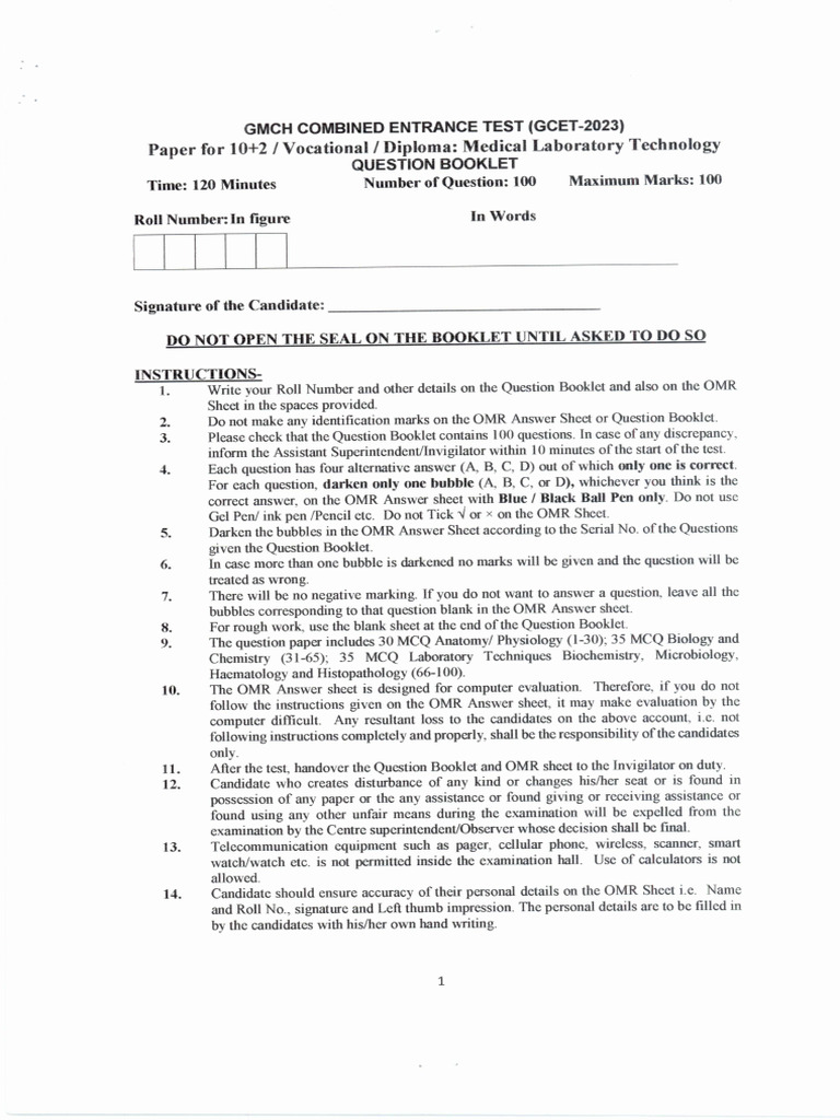 GCET-2023 Medical Lab Tech Question Paper | PDF | Water | Heart