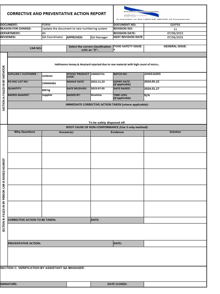 Corrective Action Report for Food Safety | PDF