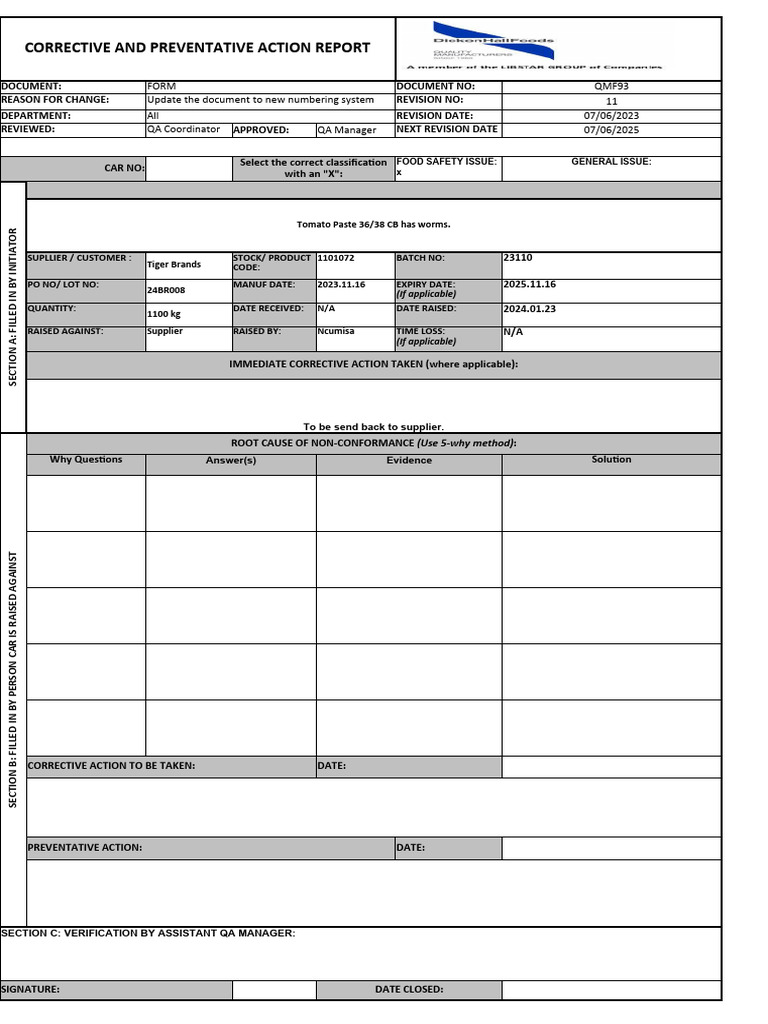Corrective Action Report for Food Safety | PDF
