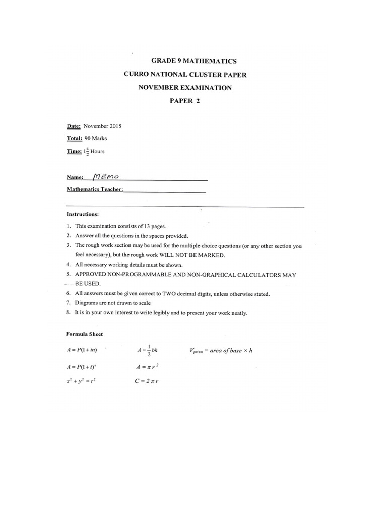 Maths gr9 Paper2 Memo | PDF