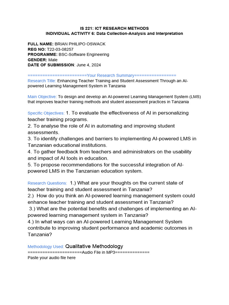 IS 221 Individual Activity 6 Data Collection and Analysis Template ...