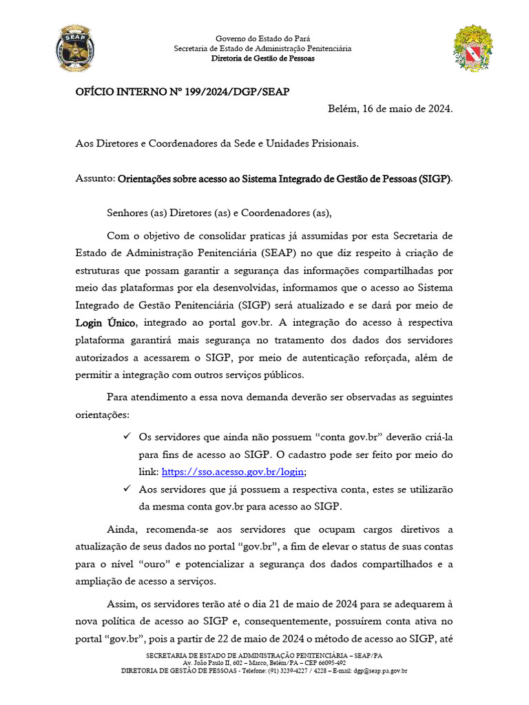 Orientacoes Sobre Acesso Ao Sistema Integrado de Gestao de Pessoas Sigp ...