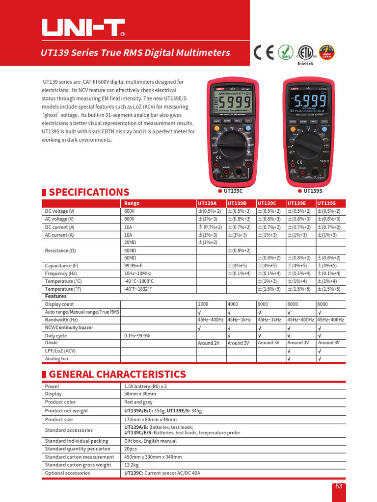 Specifications: UT139 Series True RMS Digital Multimeters | PDF ...