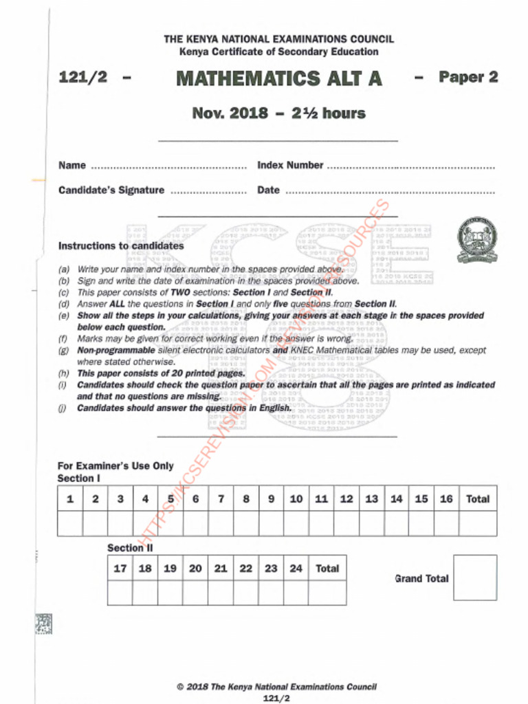 2018 Kcse Knec Mathematics Alt A Pp2.Textmark | PDF 2018 Kcse Knec Mathematics Alt A Pp2.Textmark | PDF