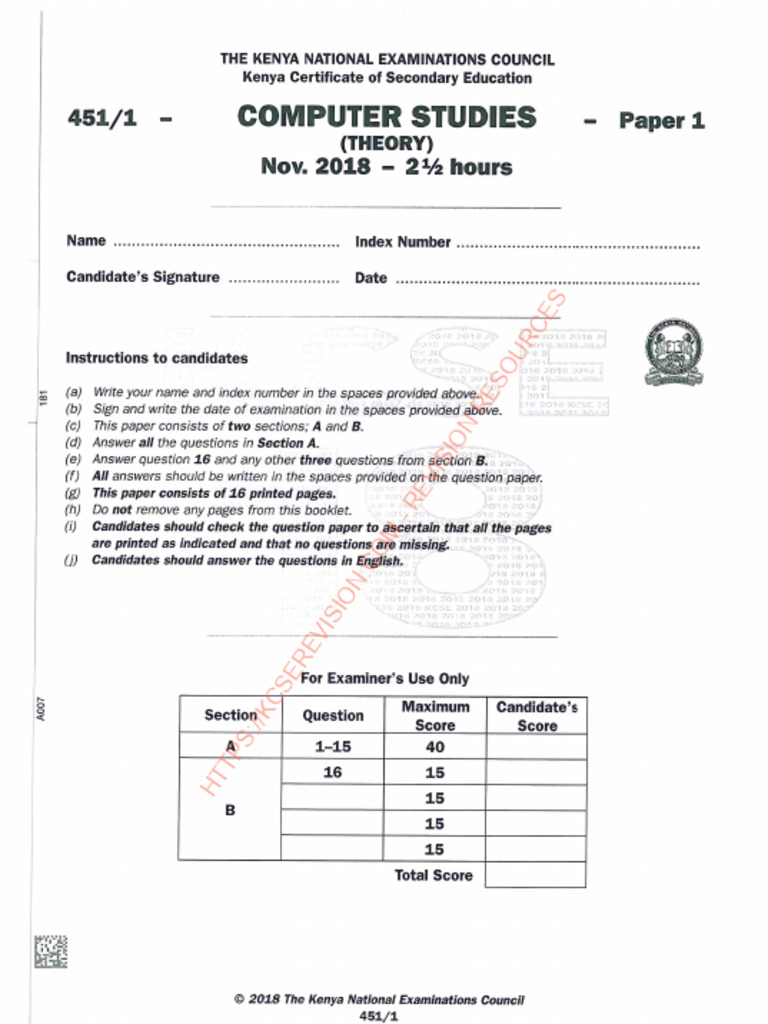 2018 Kcse Knec Computer Pp1 Textmark Pdf