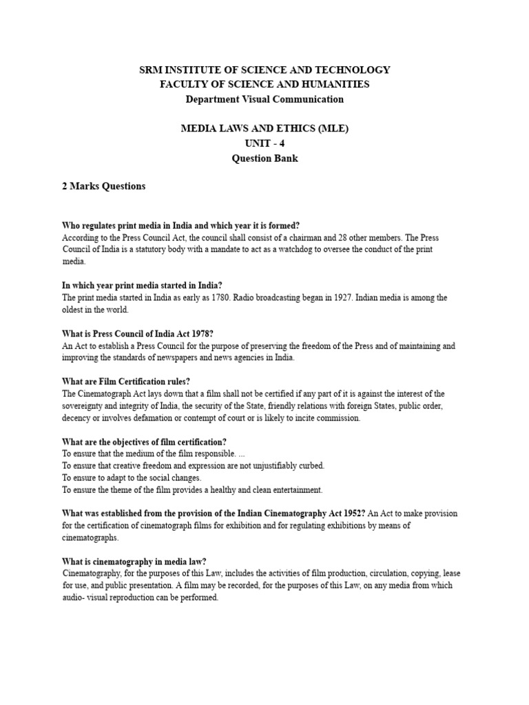 MLE - Question Bank (Unit 3) | PDF | Media (Communication) | Public Sphere