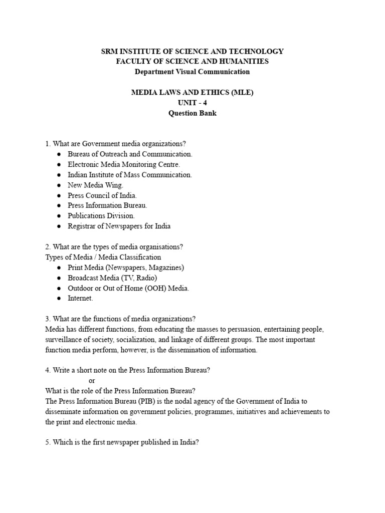MLE - Question Bank (Unit 4) | PDF | Mass Media | Payment Card Industry ...