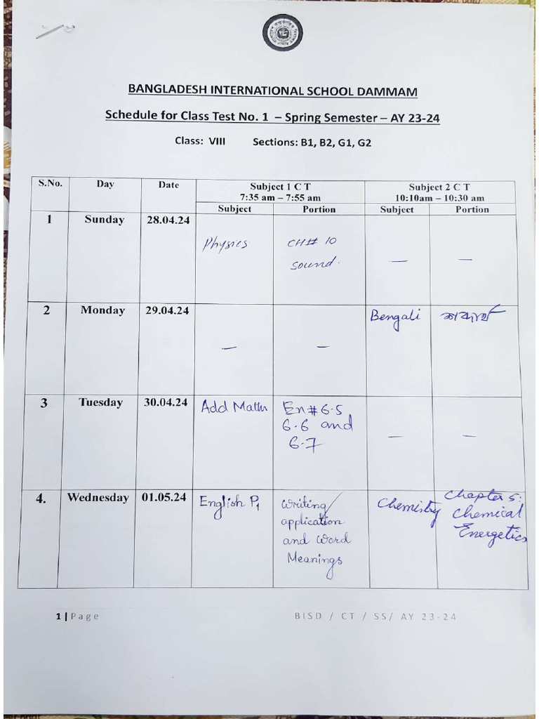 G8 Spring CT Schedule | PDF
