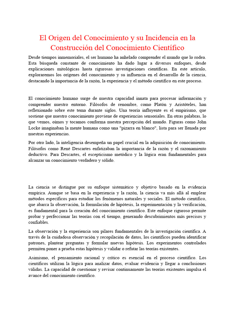El Origen del Conocimiento y su Incidencia en la Construcción del Conocimiento Científico ...