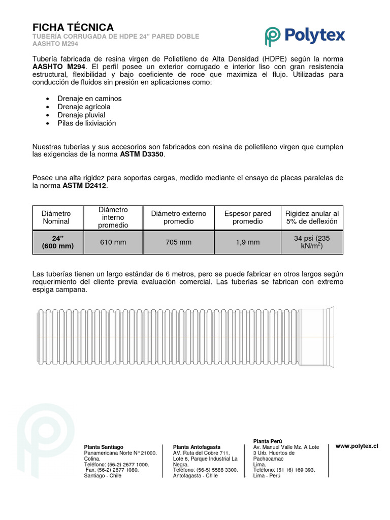 Tubería Corrugada HDPE 24” AASHTO M294 | PDF | Ingeniería mecánica
