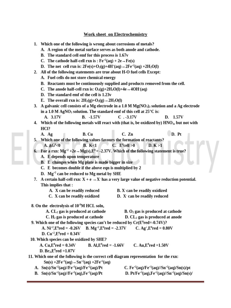 Electrochemistry Worksheet Questions | PDF | Electrochemistry | Nitric Acid