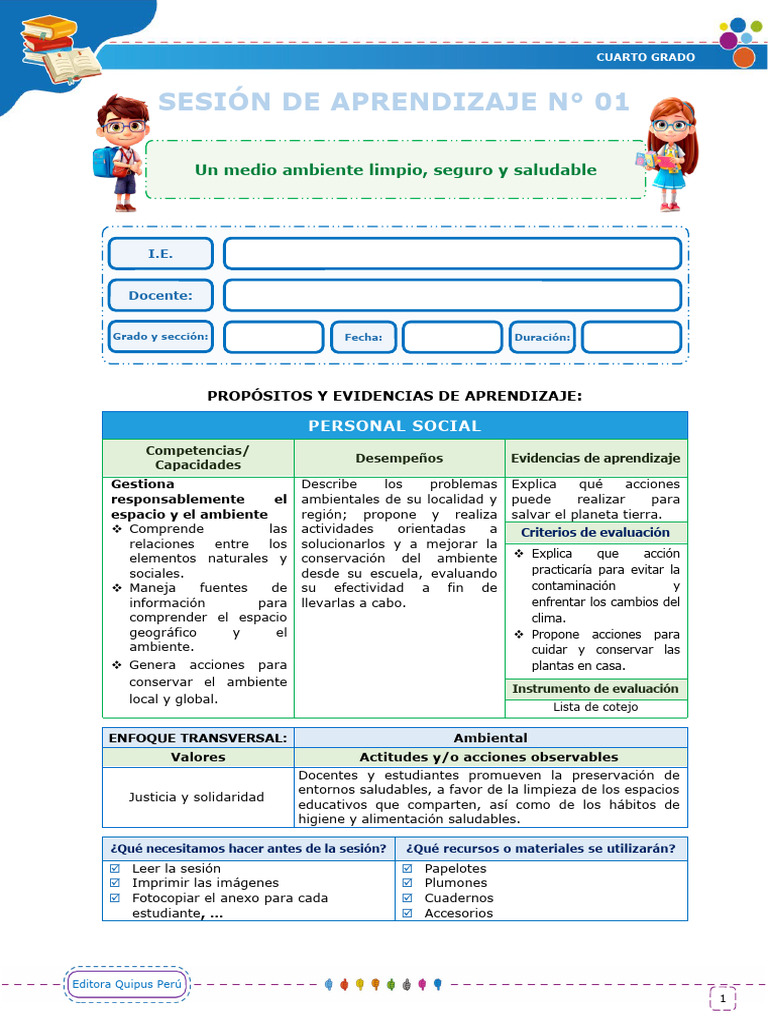 Sesiones de Aprendizaje - Semana 1 - UD IV - Editora Quipus Perú | PDF | Evaluación | Aprendizaje