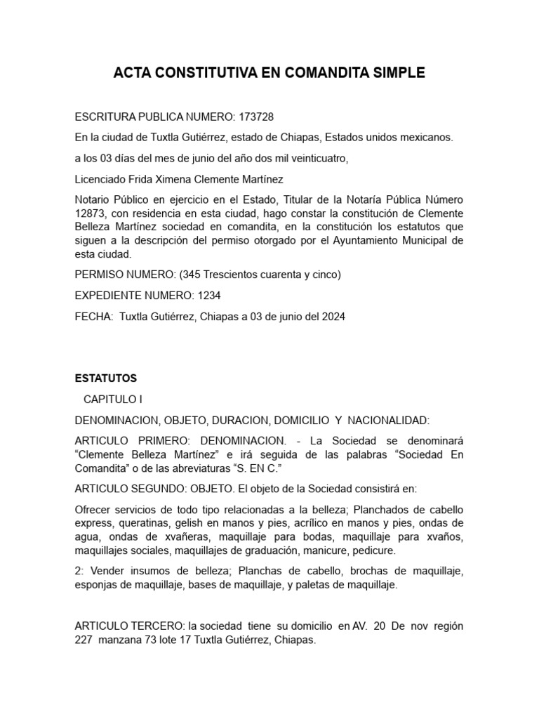 Acta Constitutiva en Comandita Simple | Descargar gratis PDF | Sociedad de responsabilidad ...