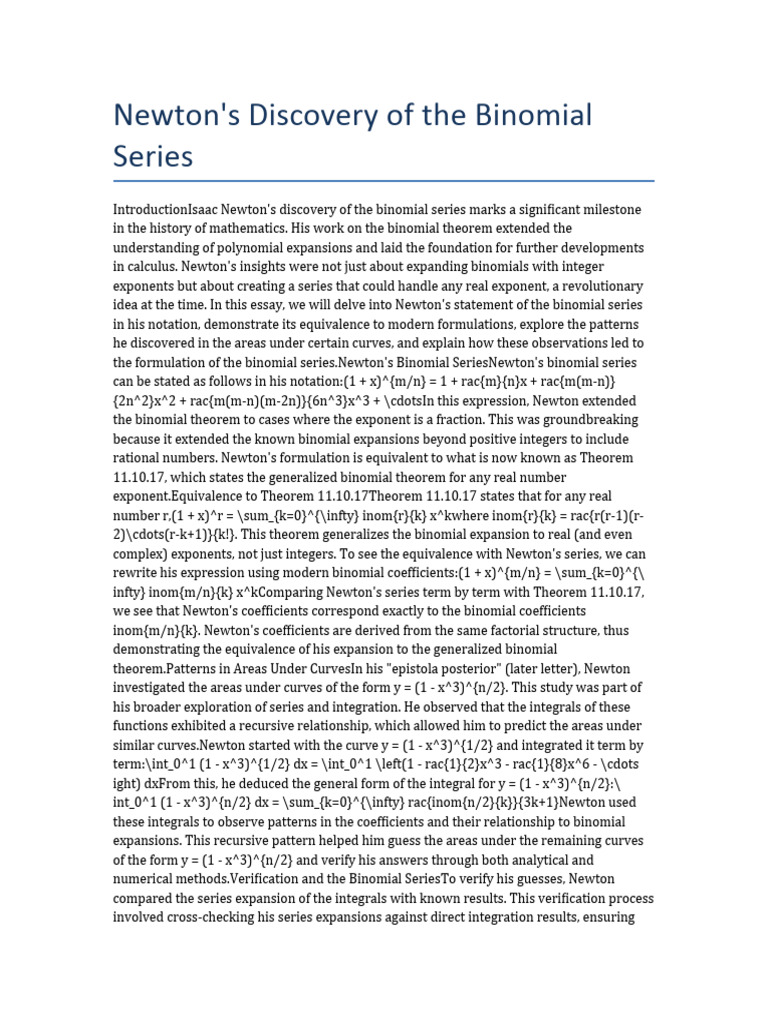 Newtons Binomial Series Essay | Download Free PDF | Mathematics | Integral