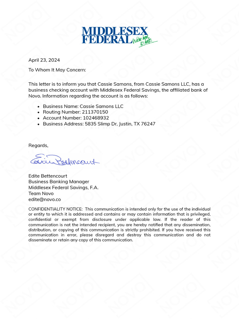 Middlesex Federal Savings Account Letter | PDF | Finance & Money ...
