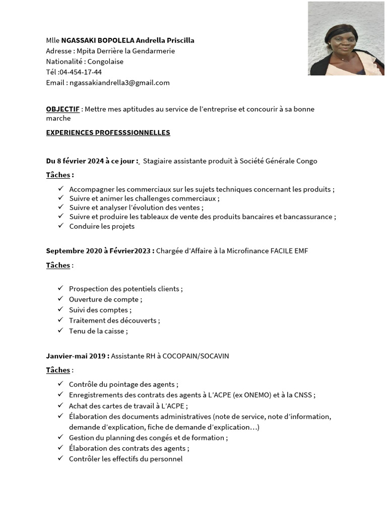 Profil professionnel d'Andrella Ngassaki | PDF | Gestion des ressources ...
