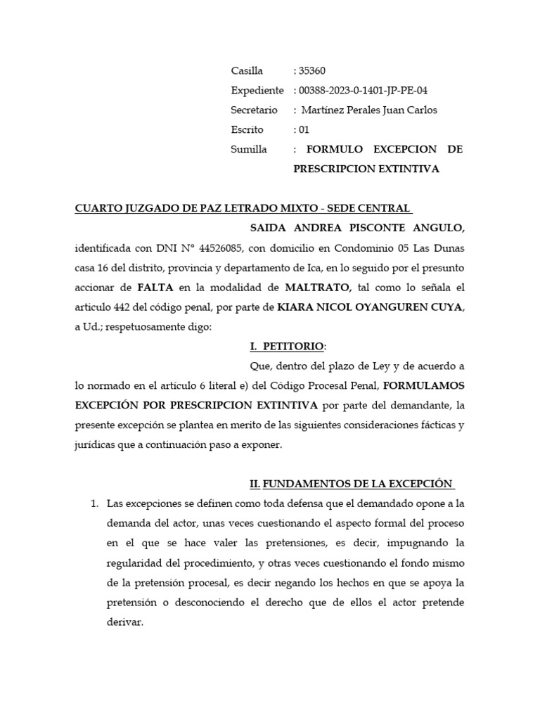 Excepcion Prescriptiva | PDF | Ley procesal | Demanda judicial