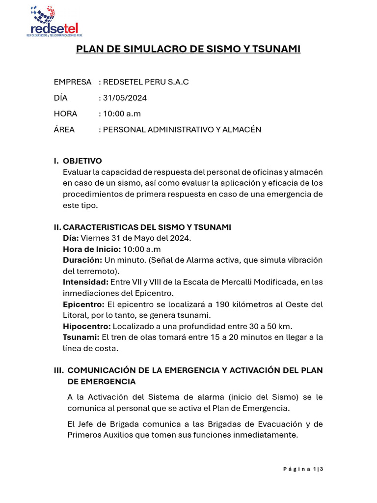 Plan de Simulacro de Sismo y Tsunami | PDF | Tsunami | Temblores