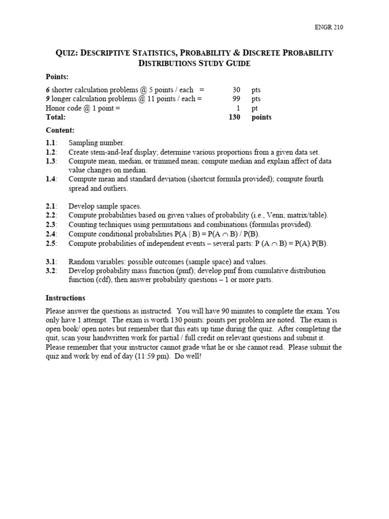 Quiz Descriptive Statistics, Probability & Discrete Probability Distributions Study Guide | PDF ...