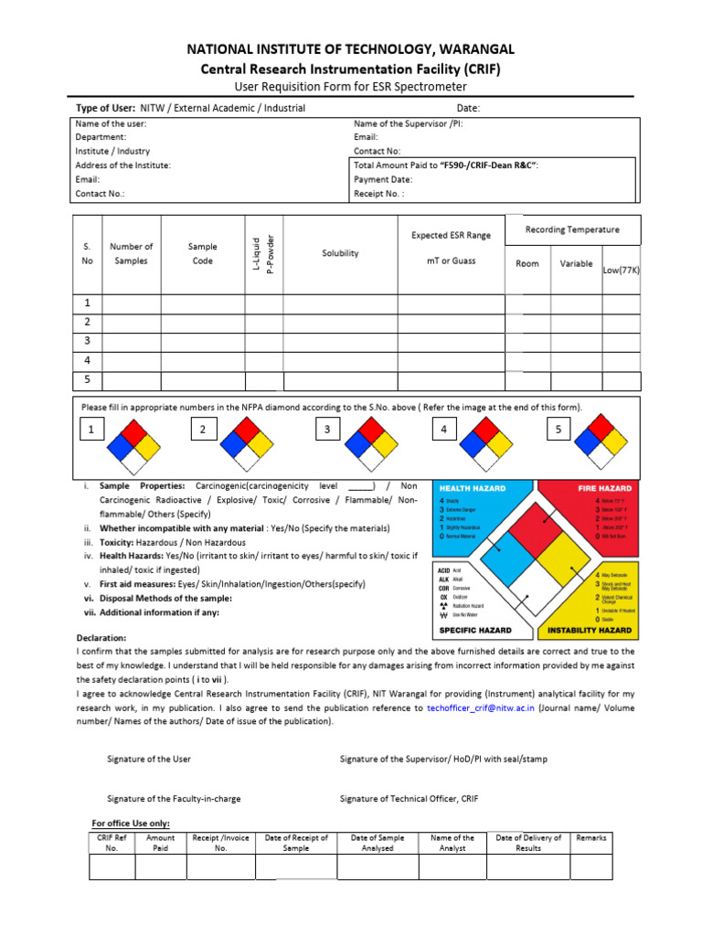 User Requisition Form For ESR Spectrometer 2023-11-3-10-28-30 | PDF ...