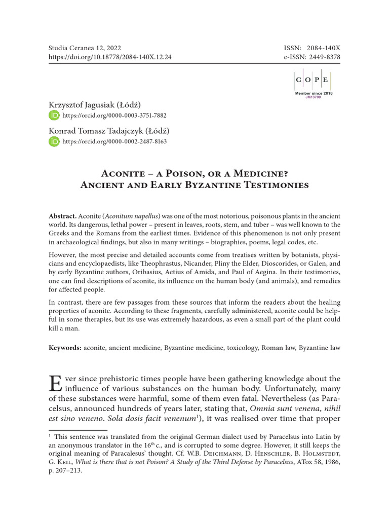 Aconite – a Poison, or a Medicine? Ancient and Early Byzantine ...