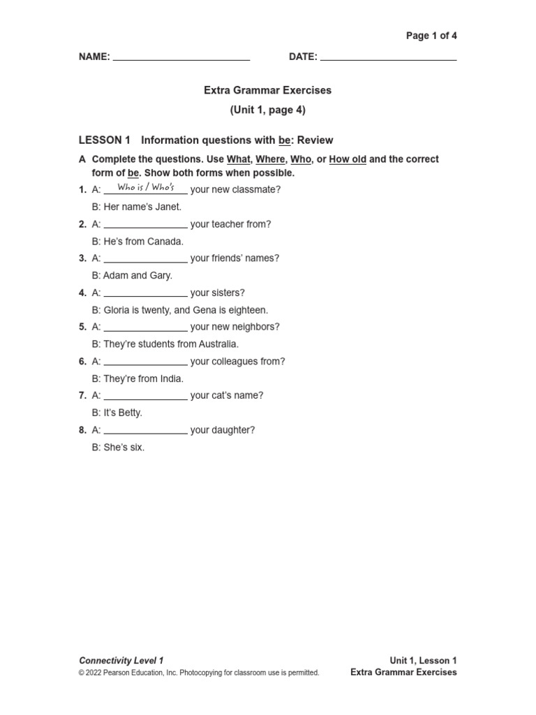 CTY1 Extra Grammar Exercises Unit 1 | PDF