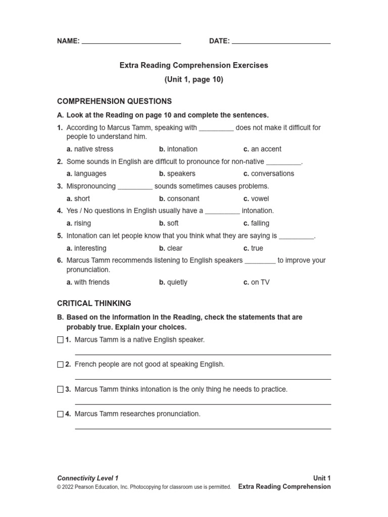 CTY1 Extra Reading Comprehension Unit 1 | PDF