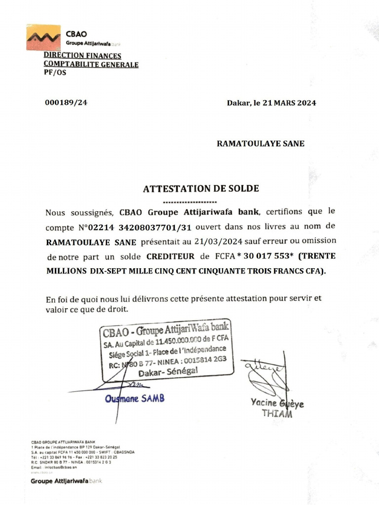 Attestation de Solde Ramatoulaye Sane | PDF
