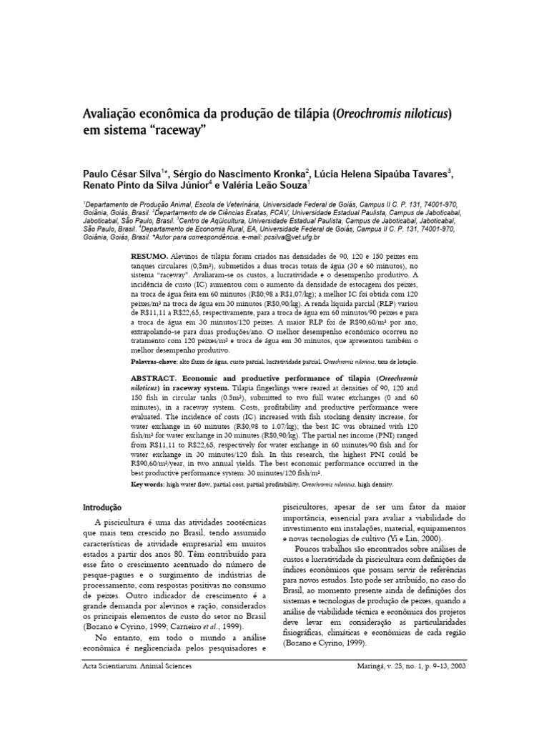 Avaliação Econômica da Tilápia em Raceway | PDF | Bem-estar | Ciências ...