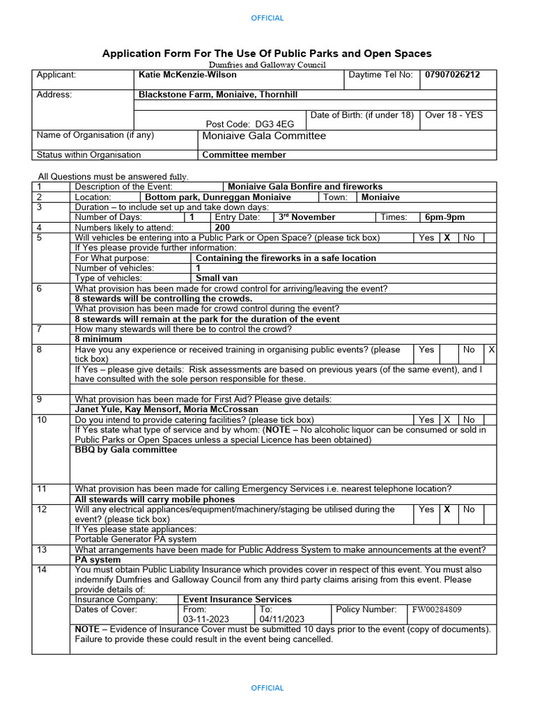 Application Form For The Use of Public Parks and Open Spaces V2 Bonfire ...
