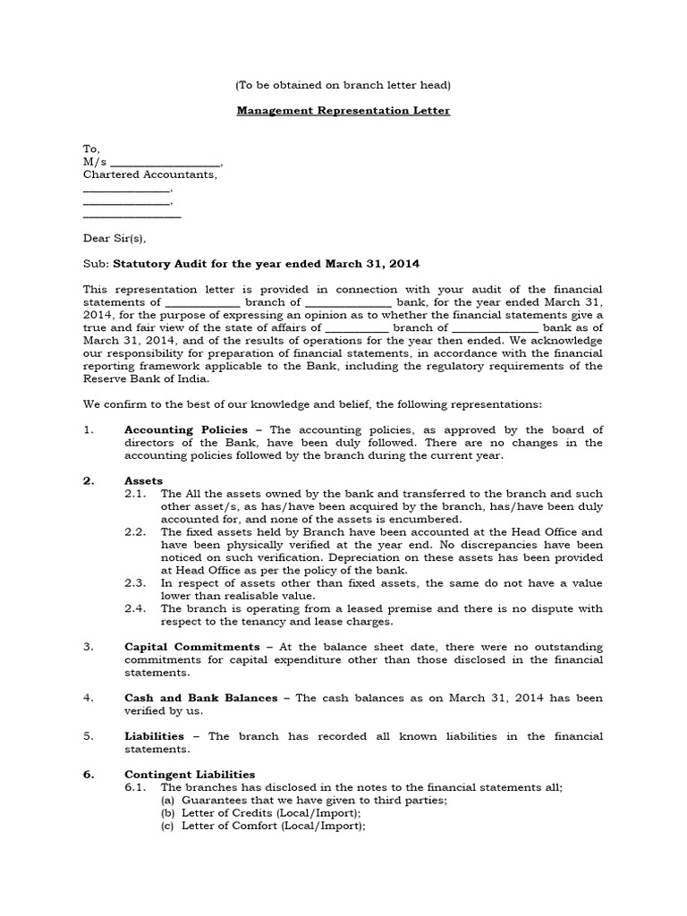 Management Representation Letter | PDF | Audit | Financial Services
