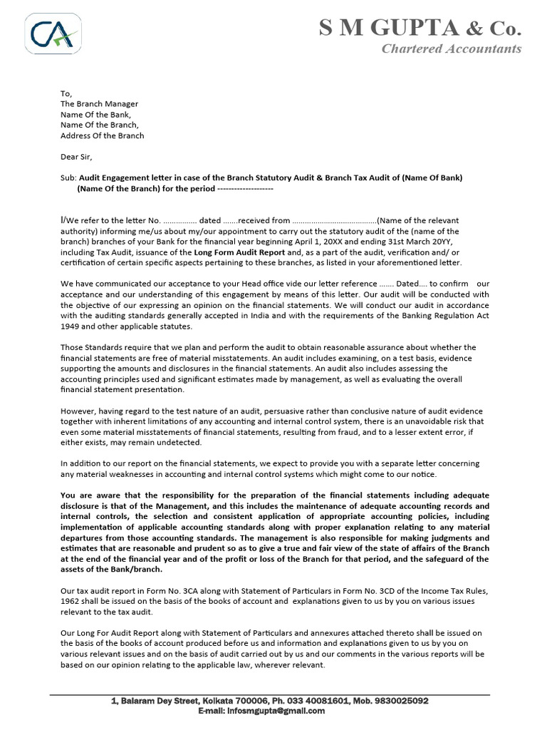 Branch Audit Engagement Letter Template | PDF | Audit | Internal Control