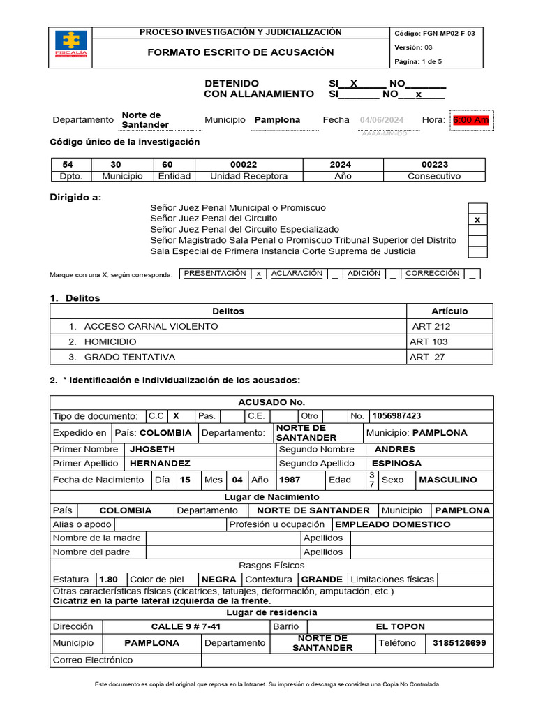 FGN-MP02-F-03 Formato Escrito de Acusacion V03 | PDF | Justicia ...