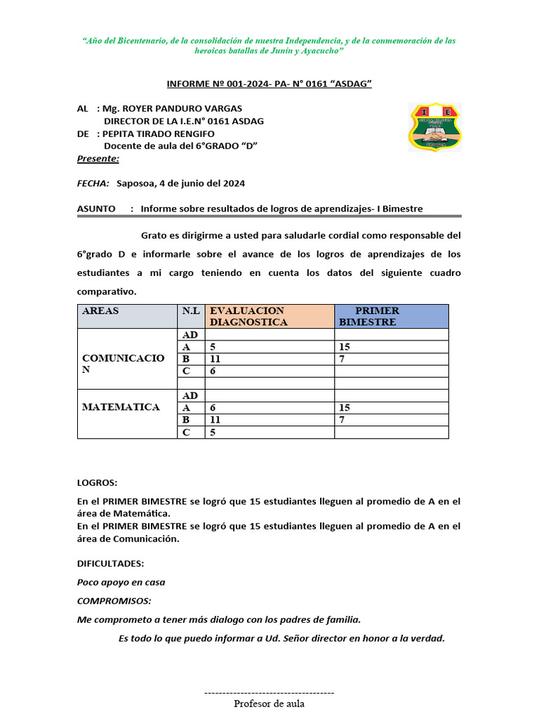 Informe de Logros de Aprendizajes I Bimestre | PDF