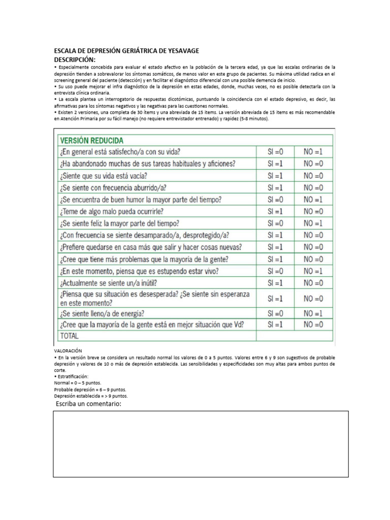 Escala de Depresión Geriátrica de Yesavage | PDF