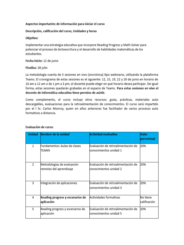 Aspectos Importantes de Información para Iniciar El Curso | PDF ... Aspectos Importantes de Información para Iniciar El Curso | PDF ...