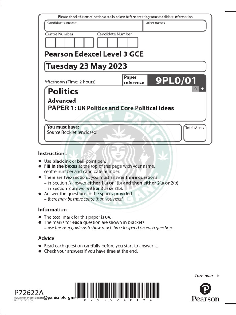 Edexcel A Level June 2023 Politics 9PL0 Question Paper 1 | PDF