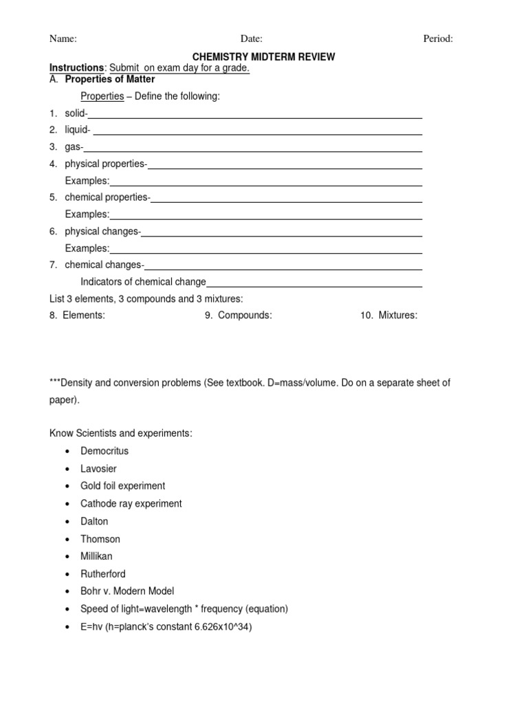 Chemistry Midterm Review Guide | PDF | Chemistry | Atoms