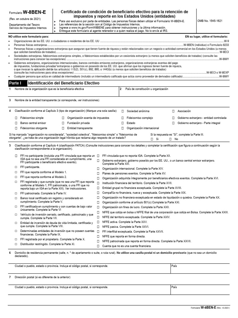 Formulario W-8BEN-E en Español 2023 | PDF | Pensión | Bancos
