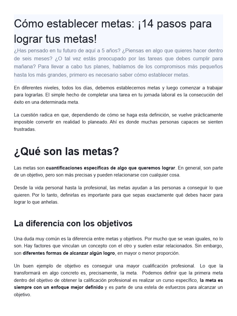 14 pasos para establecer metas efectivas | PDF | Pensamiento