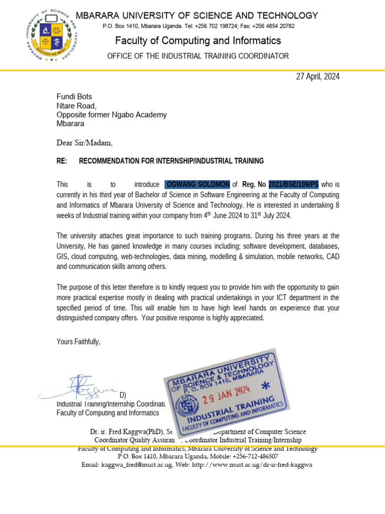 Ogwang Solomon Recommendation | PDF